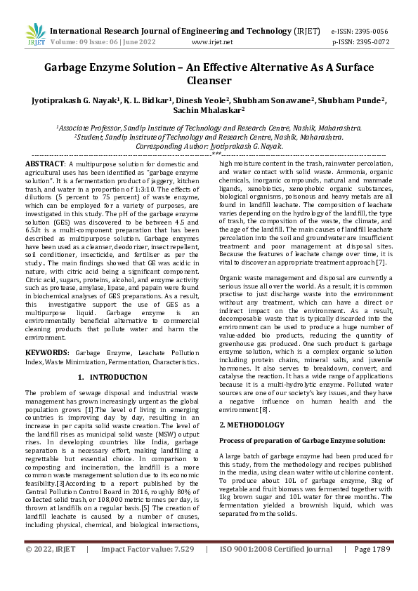 (PDF) Garbage Enzyme Solution -An Effective Alternative As A Surface ...
