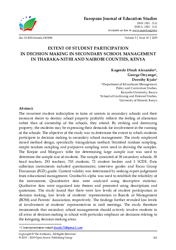 (PDF) Extent of Students Participation in Decision Making in Secondary ...
