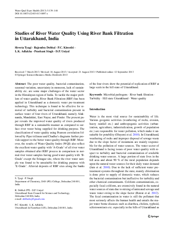 (PDF) Studies of River Water Quality Using River Bank Filtration in ...