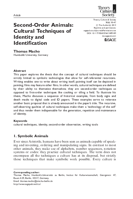 (PDF) Second-Order Animals: Cultural Techniques of Identity and ...