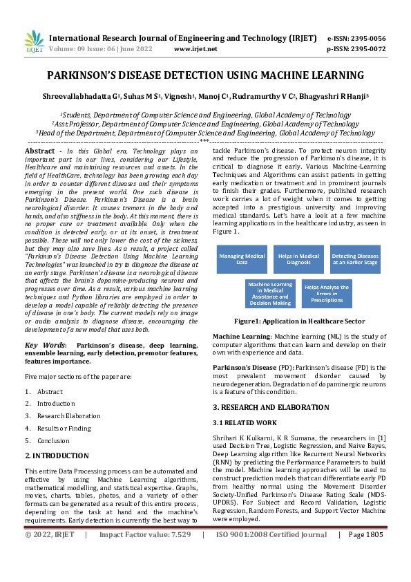 (PDF) PARKINSON'S DISEASE DETECTION USING MACHINE LEARNING