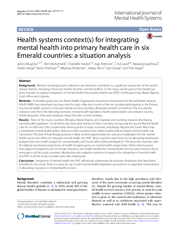 (PDF) Health systems context(s) for integrating mental health into ...