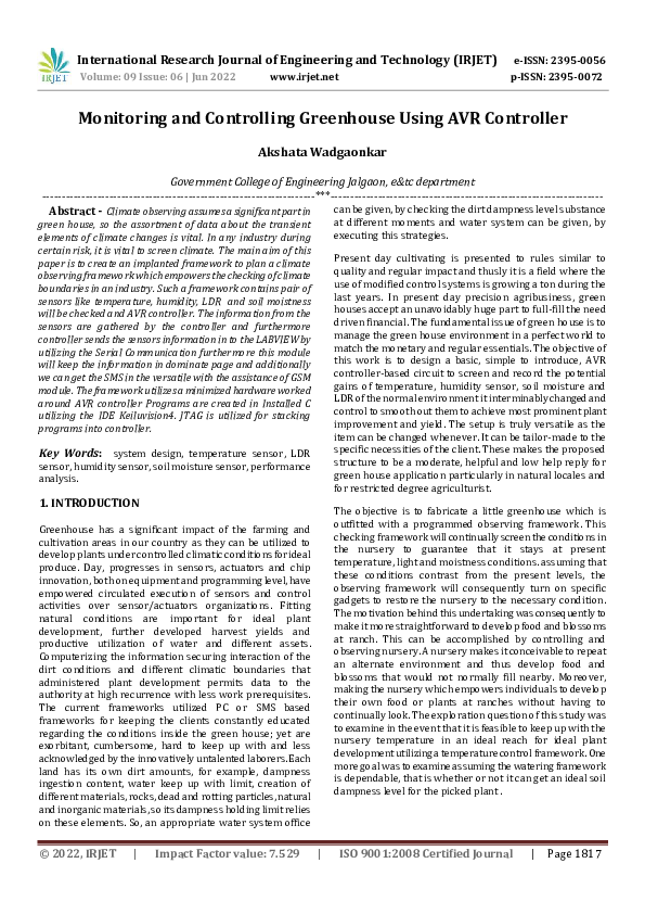 (PDF) Monitoring and Controlling Greenhouse Using AVR Controller (PDF) Monitoring and Controlling Greenhouse Using AVR Controller