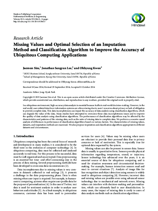 Pdf Missing Values And Optimal Selection Of An Imputation Method And