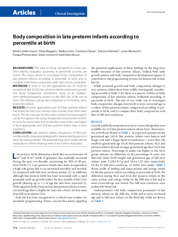 (PDF) Body composition in late preterm infants according to percentile ...