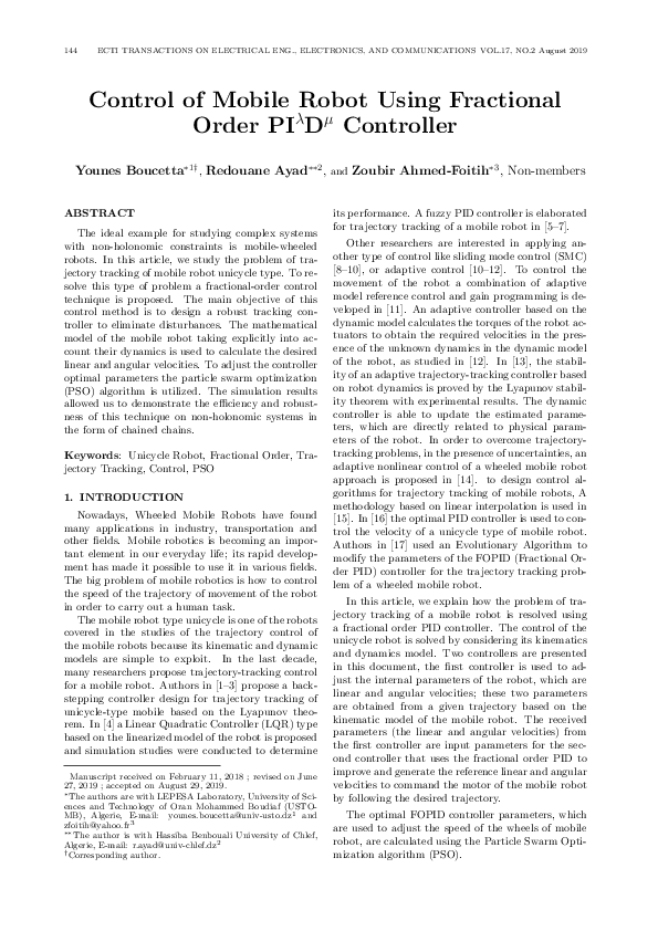 Pdf Control Of Mobile Robot Using Fractional Order Piλdμ Controller