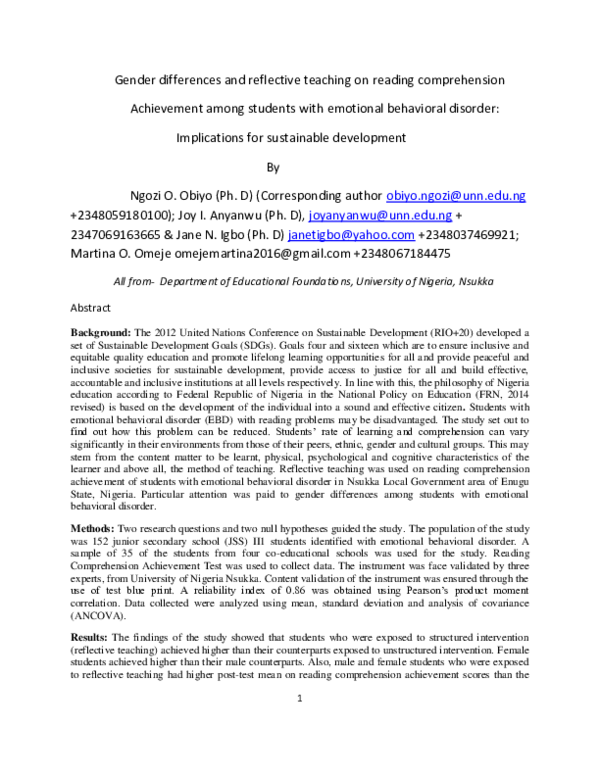 (PDF) Gender Differences in Reading Comprehension for EBD