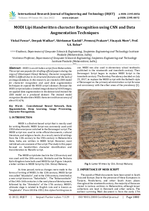 (PDF) MODI Lipi Handwritten character Recognition using CNN and Data ...