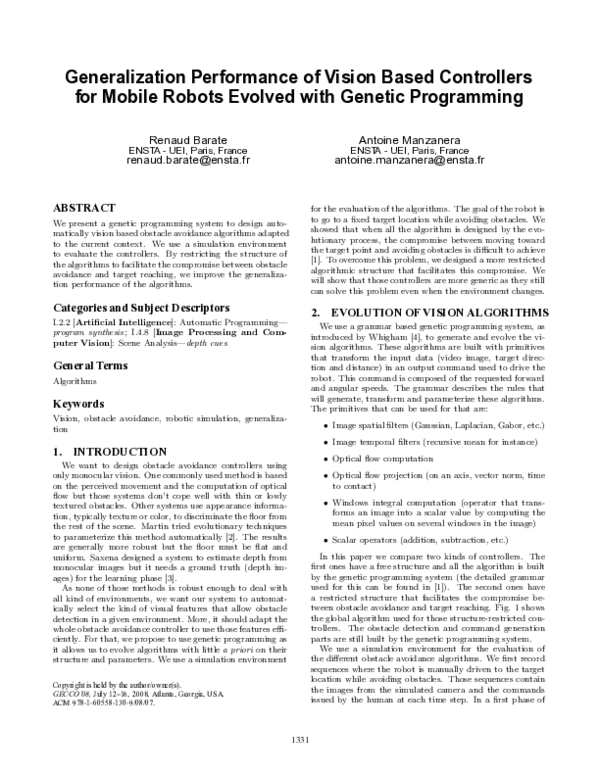 (PDF) Generalization performance of vision based controllers for mobile robots evolved with ...
