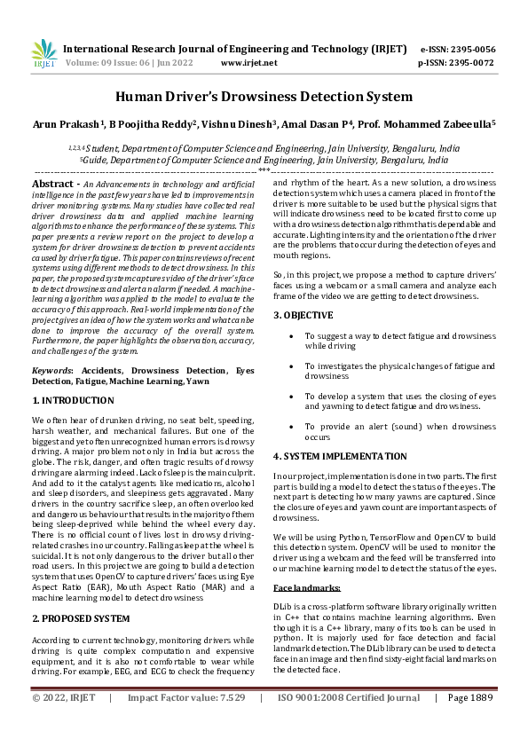 Pdf Human Driver S Drowsiness Detection System