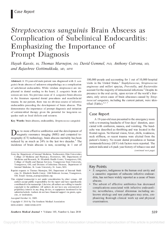 (PDF) Streptococcus sanguinis Brain Abscess as Complication of Subclinical Endocarditis ...