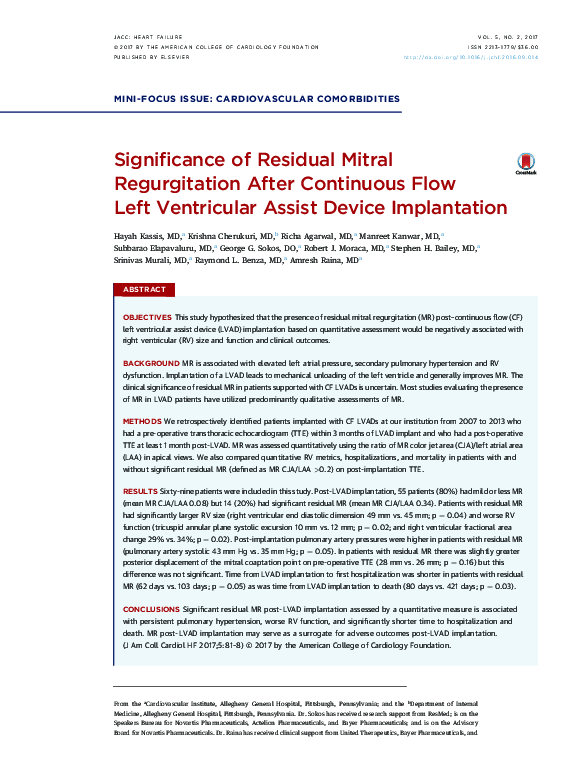 (PDF) Significance of Residual Mitral Regurgitation After Continuous Flow Left Ventricular ...