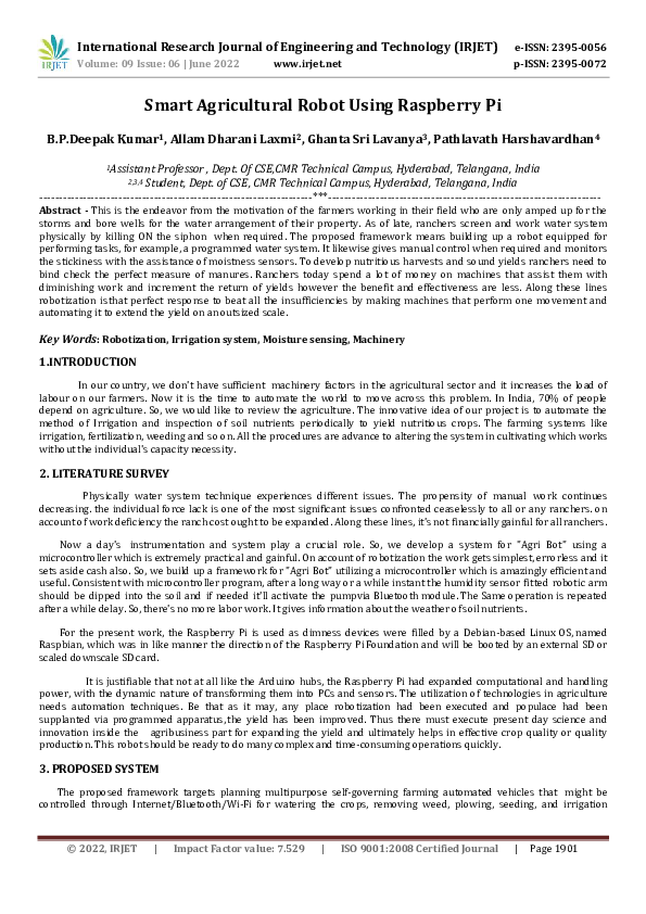 (PDF) Smart Agricultural Robot Using Raspberry Pi