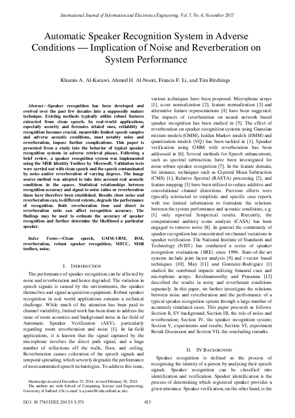 (PDF) Automatic Speaker Recognition System in Adverse Conditions — Implication of Noise and ...