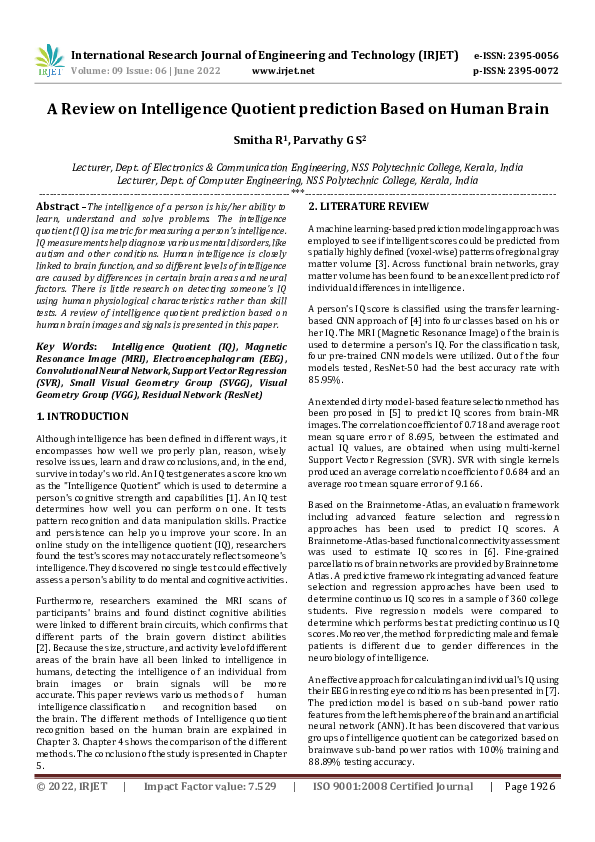 (PDF) A Review on Intelligence Quotient prediction Based on Human Brain