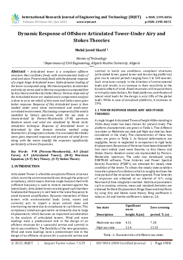 (PDF) Dynamic Response of Offshore Articulated Tower-Under Airy and Stokes Theories