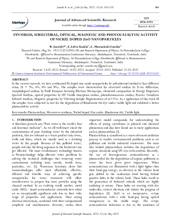 (PDF) SYNTHESIS, STRUCTURAL, OPTICAL, MAGNETIC AND PHOTOCATALYTIC ACTIVITY OF NICKEL DOPED ZnO ...