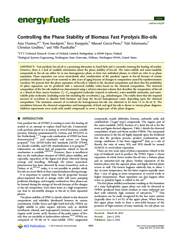 (PDF) Controlling the Phase Stability of Biomass Fast Pyrolysis Bio-oils | Anja Oasmaa ...