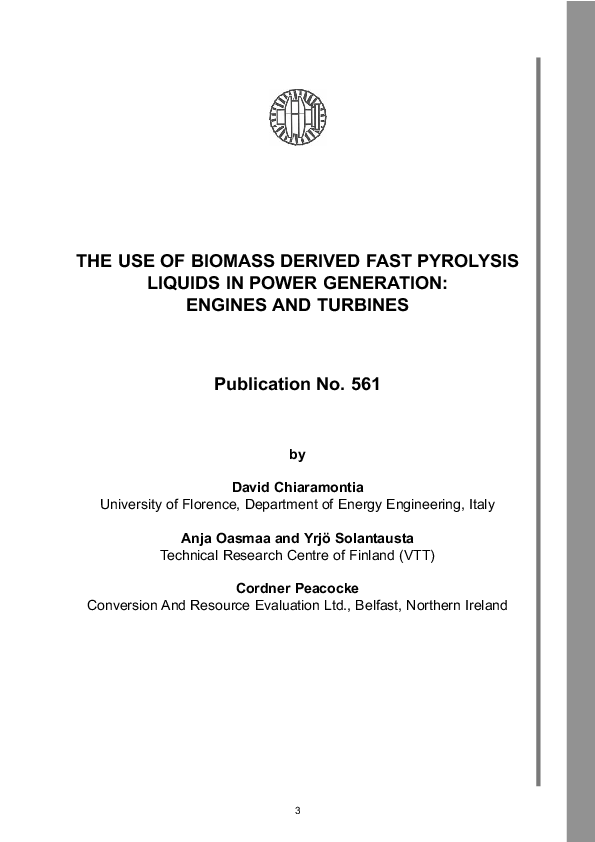 (PDF) The use of biomass derived fast pyrolysis liquids in power generation: engines and turbines