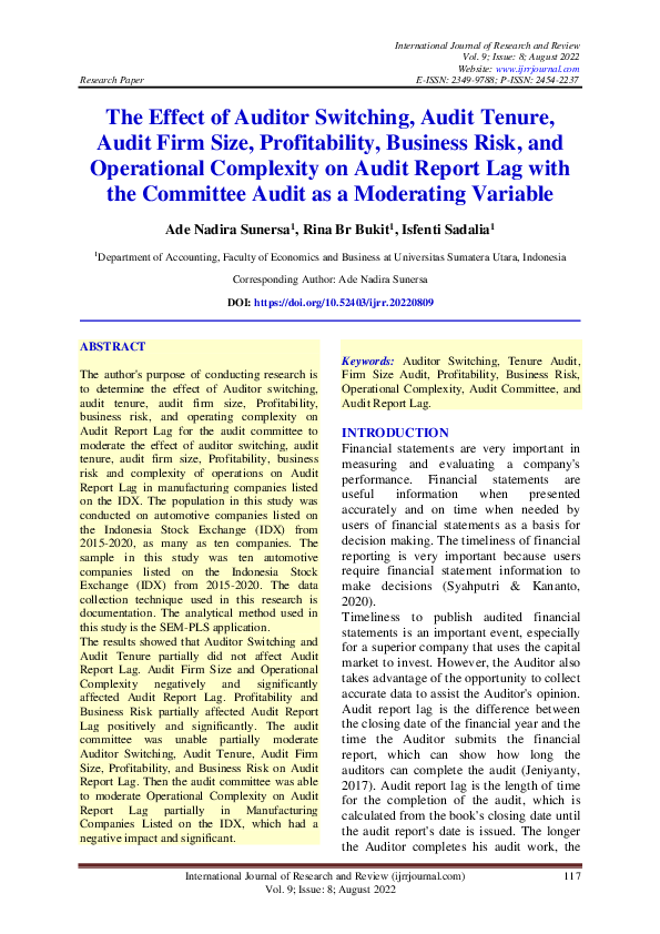 (PDF) The Effect of Auditor Switching, Audit Tenure, Audit Firm Size, Profitability, Business ...