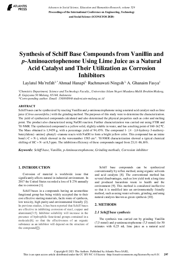 (PDF) Synthesis of Schiff Base Compounds from Vanillin and p-Aminoacetophenone Using Lime Juice ...