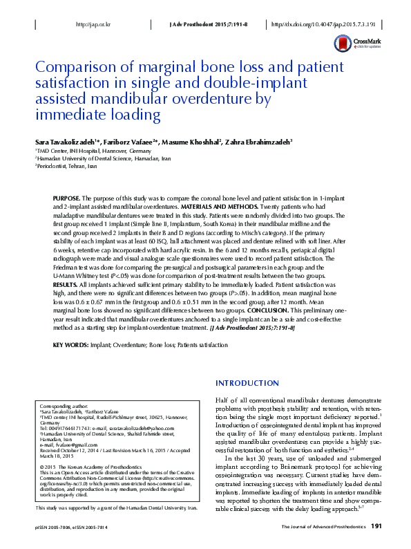 (PDF) Comparison of marginal bone loss and patient satisfaction in ...