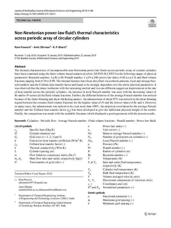 (PDF) Non-Newtonian power-law fluid’s thermal characteristics across periodic array of circular ...