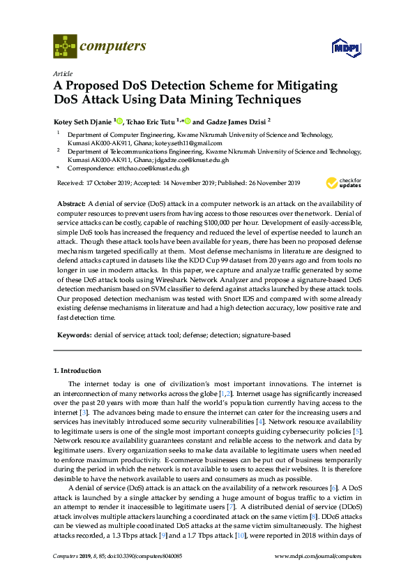 Pdf A Proposed Dos Detection Scheme For Mitigating Dos Attack Using Data Mining Techniques