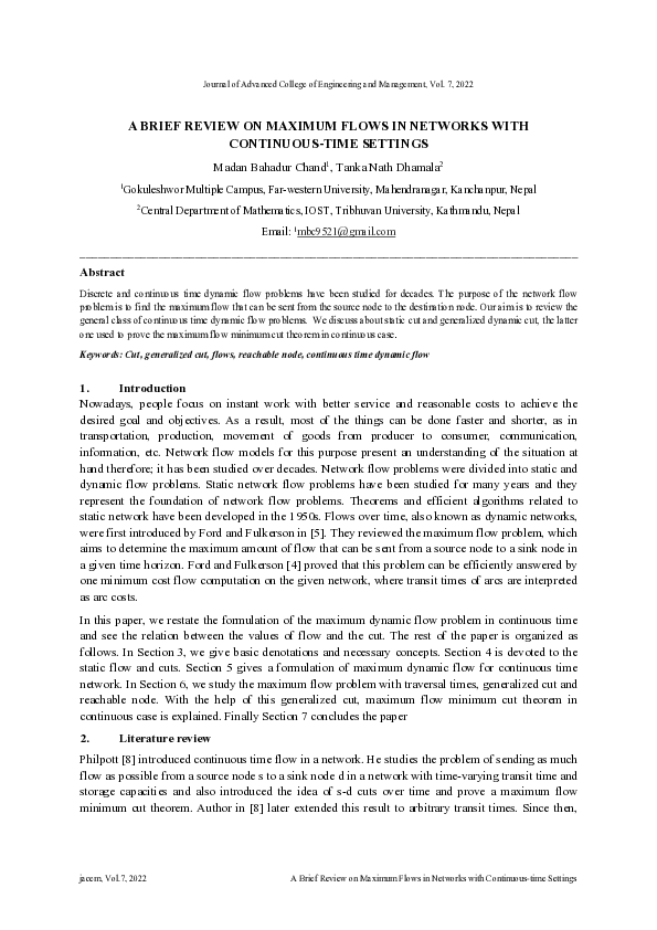 (PDF) A BRIEF REVIEW ON MAXIMUM FLOWS IN NETWORKS WITH CONTINUOUS-TIME SETTINGS