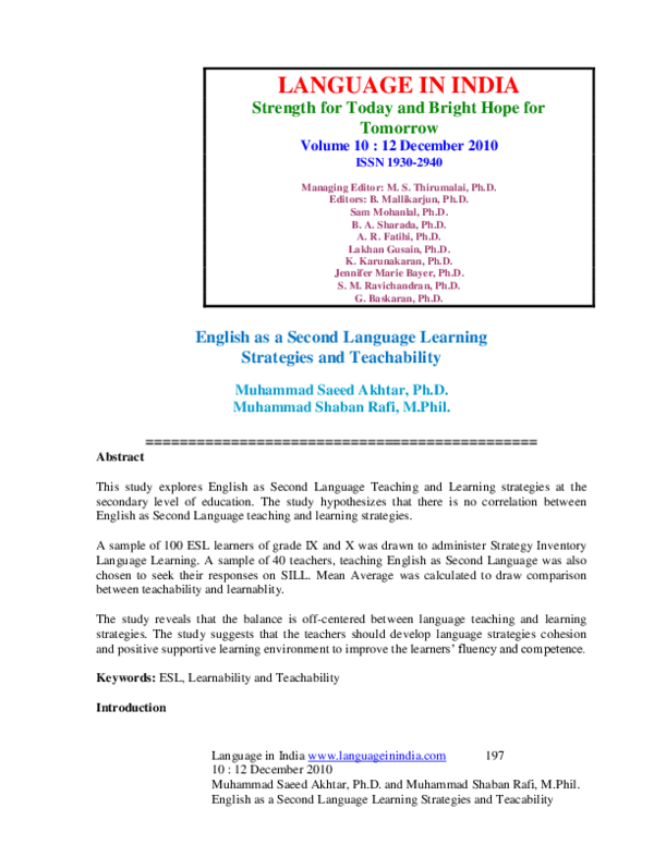 (PDF) English as a Second Language Learning Strategies and Teachability ...