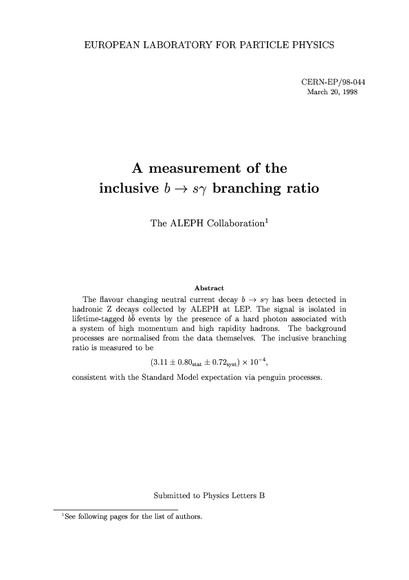 (PDF) A measurement of the inclusive $b \rightarrow s \gamma$ branching ratio