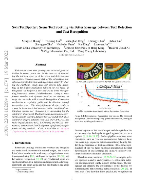 (PDF) SwinTextSpotter: Scene Text Spotting via Better Synergy between Text Detection and Text ...