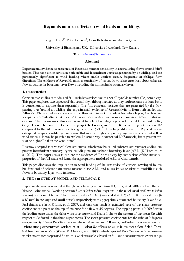 (PDF) Reynolds number effects on wind loads on buildings