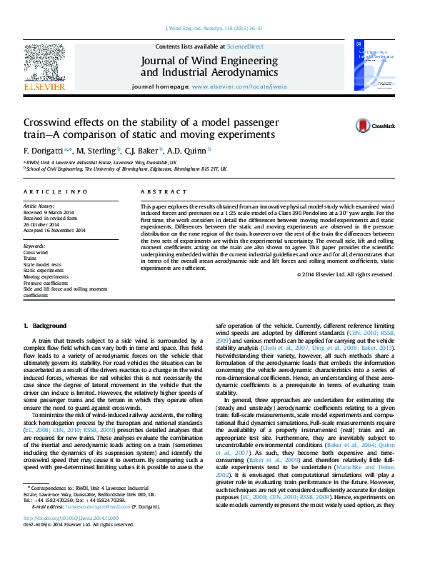 (PDF) Crosswind effects on the stability of a model passenger train—A ...
