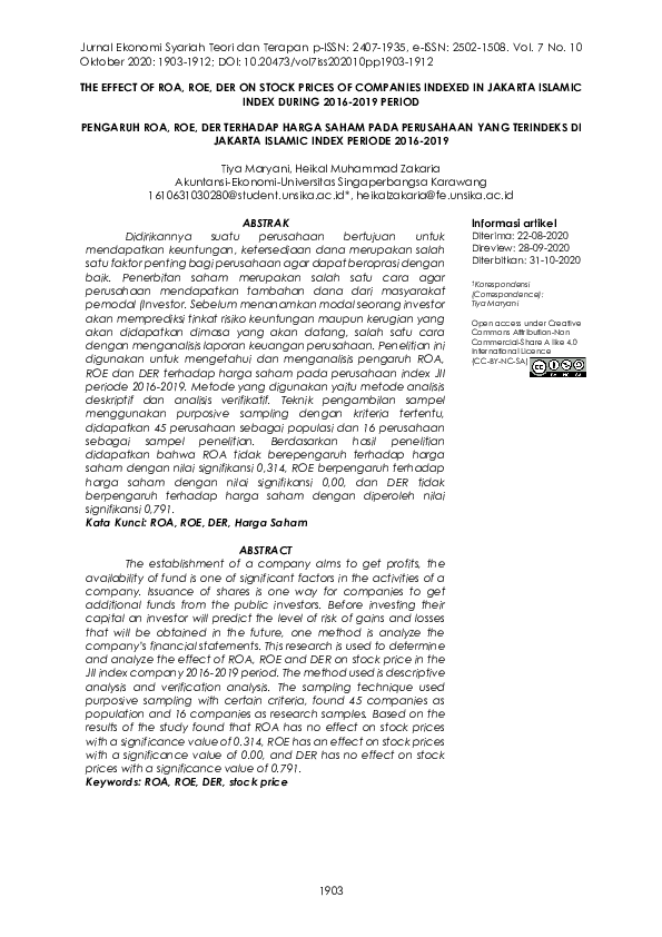 (PDF) Pengaruh Roa, Roe, Der Terhadap Harga Saham Pada Perusahaan Yang ...