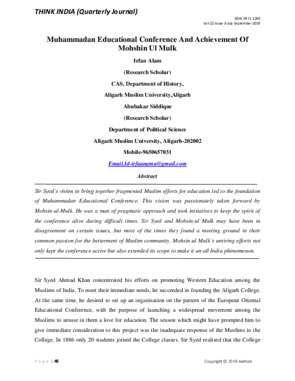 (PDF) Muhammadan Educational Conference And Achievement Of Mohshin Ul Mulk