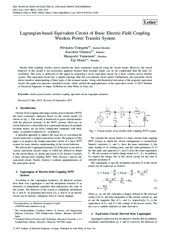 (PDF) Lagrangian-based equivalent circuit of basic electric-field coupling wireless power ...