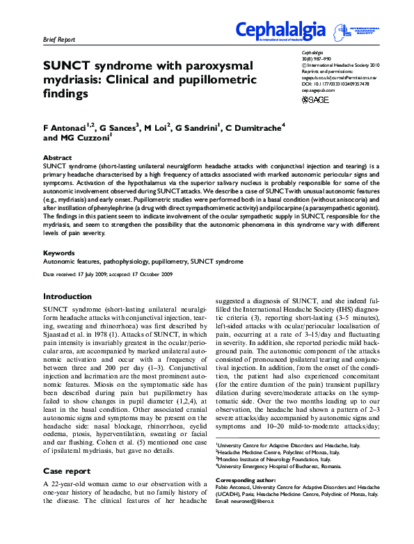 (PDF) SUNCT syndrome with paroxysmal mydriasis: Cinical and pupillometric findings | GIORGIO ...