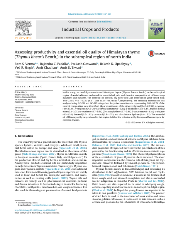 (PDF) Assessing productivity and essential oil quality of Himalayan ...