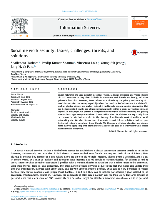 (PDF) Social network security: Issues, challenges, threats, and solutions
