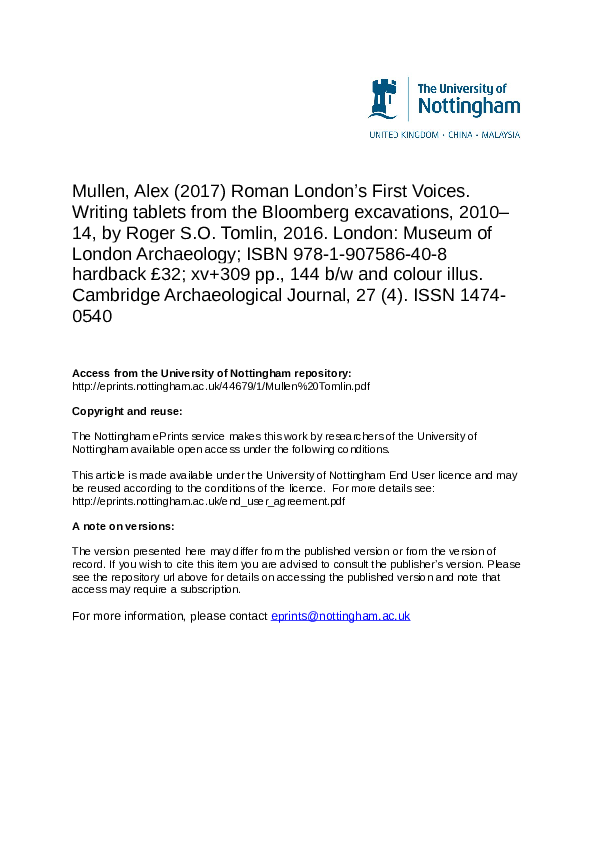 (PDF) Roman London's First Voices. Writing tablets from the Bloomberg ...