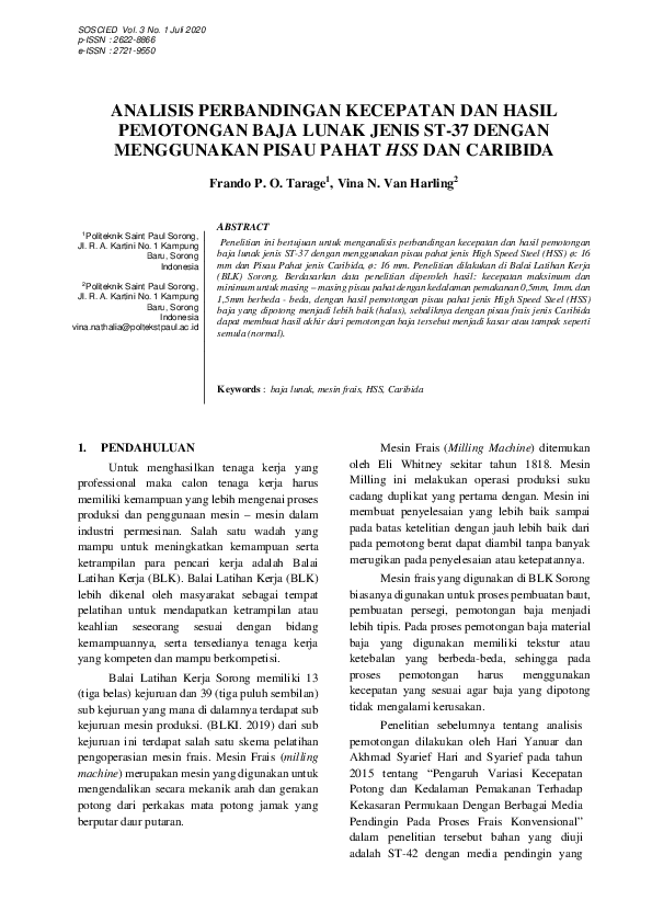 (PDF) Analisis Perbandingan Kecepatan Dan Hasil Pemotongan Baja Lunak ...