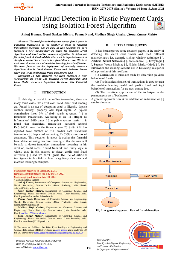(PDF) Financial Fraud Detection in Plastic Payment Cards using Isolation Forest Algorithm