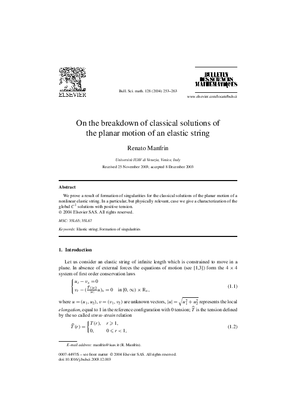 (PDF) On the breakdown of classical solutions of the planar motion of an elastic string