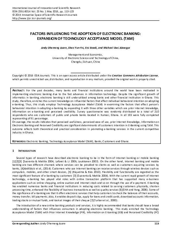 (PDF) Factors Influencing the Adoption of Electronic Banking: Expansion of Technology Acceptance ...