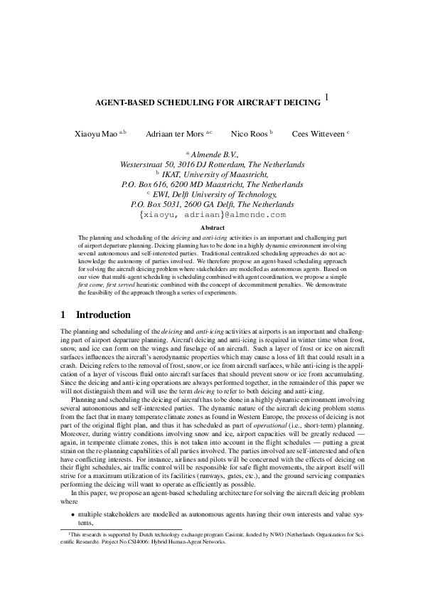 (PDF) Agent-Based Scheduling for Aircraft Deicing 1