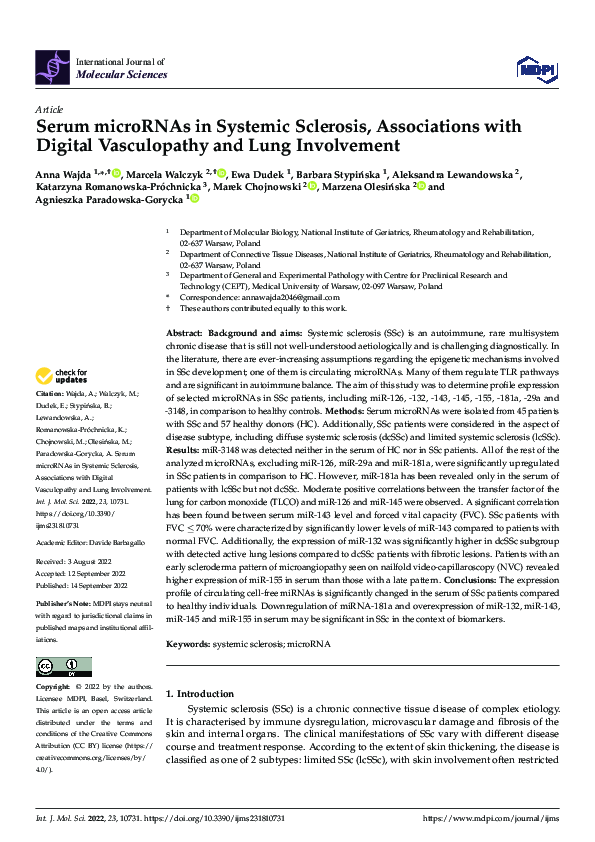 (PDF) Serum microRNAs in Systemic Sclerosis, Associations with Digital ...
