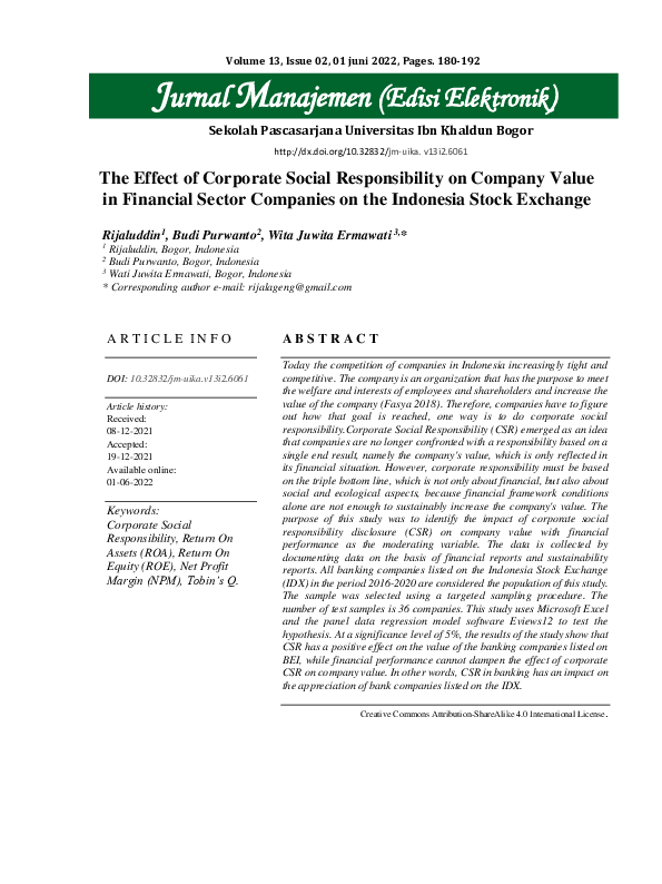 (PDF) The Effect of Corporate Social Responsibility on Company Value in Financial Sector ...
