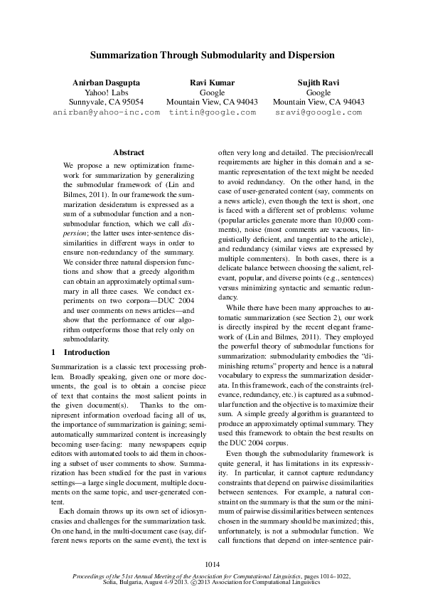 (PDF) Summarization Through Submodularity and Dispersion