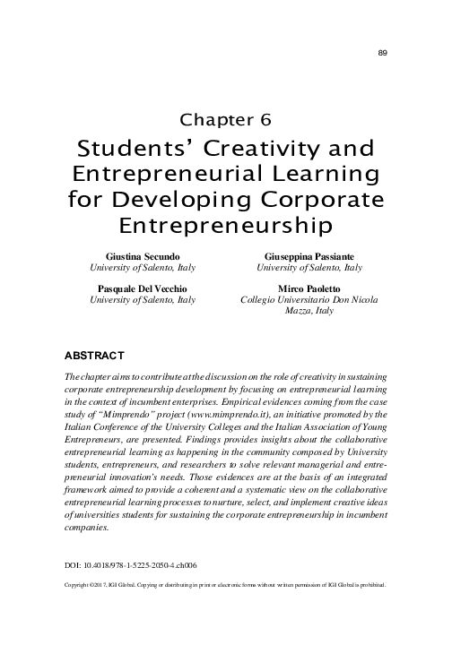 (PDF) Students' Creativity and Entrepreneurial Learning for Developing Corporate Entrepreneurship